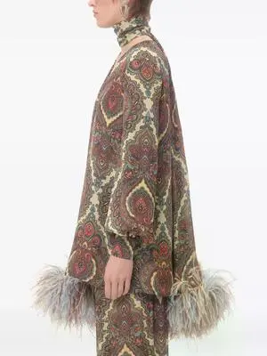 Valentino Garavani Voyage Imaginaire Cashmere-print Blouse With Feather Trim