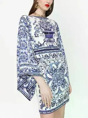 Dolce & Gabbana Majolica-print Batwing-sleeve Minidress