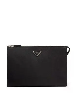 Prada Saffiano Leather Triangle-plaque Clutch Bag - Black