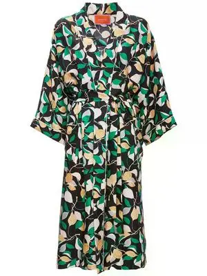 La DoubleJ Leaf Print Silk Robe - Black