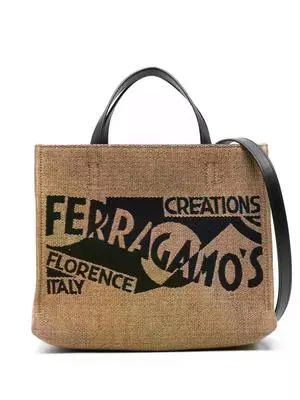 FERRAGAMO Logo-embroidered Raffia Tote Bag