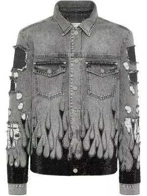 Philipp Plein Strass Flame Oversize Denim Jacket - Grey