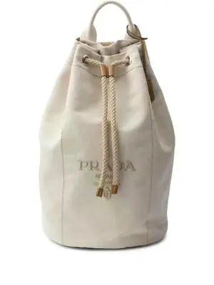 Prada Prada Logo-Embroidered Linen Blend Backpack Neutrals