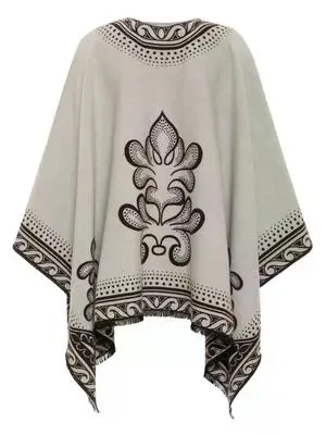 La DoubleJ Two-tone Botanical Print Wool-silk Blend Poncho