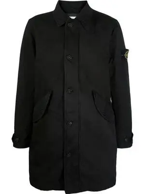 Stone Island Single-breasted Coat With Logo Patch - Black