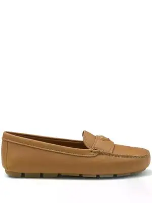 Prada Enamel Triangle-logo Leather Loafers - Brown