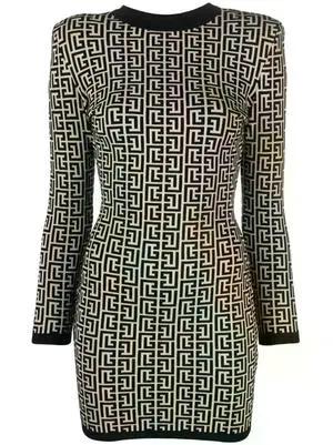 Balmain Monogram-print Wool-blend Dress