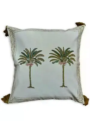 LES-OTTOMANS Palms Hand-printed Cushion - Blue