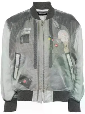 Undercover Floral-appliqué Layered Bomber Jacket - Grey