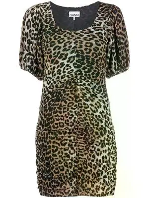 GANNI Leopard-print Ruched Mini Dress