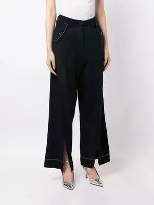 LOVEBIRDS Navy Wool Contrast Stitch Wide-leg Cropped Trousers