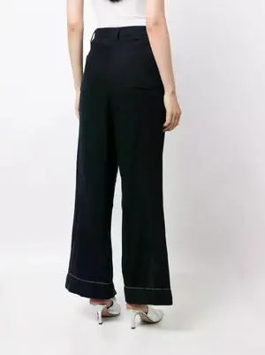 LOVEBIRDS Navy Wool Contrast Stitch Wide-leg Cropped Trousers
