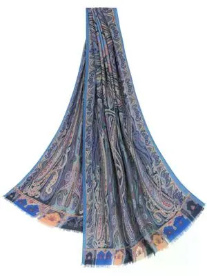 Etro Paisley-print Frayed-edge Cashmere-blend Scarf - Blue