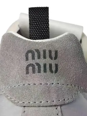 Miu Miu Suede And Fabric Lace-up Sneakers With Star-patterned Tread - Grey