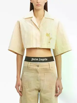 Palm Angels Embroidered Striped Cropped Cotton Shirt