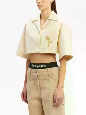 Palm Angels Embroidered Striped Cropped Cotton Shirt
