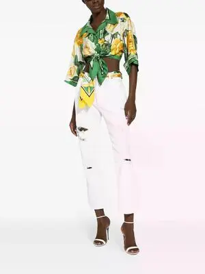 Dolce & Gabbana Rose-print Cropped Silk Shirt