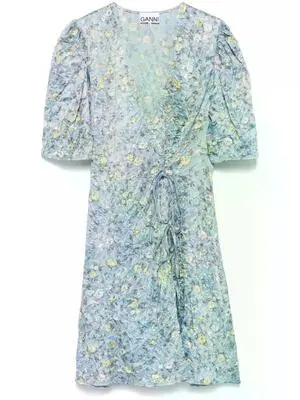 GANNI Floral-print Crinkled Mini Dress - Blue