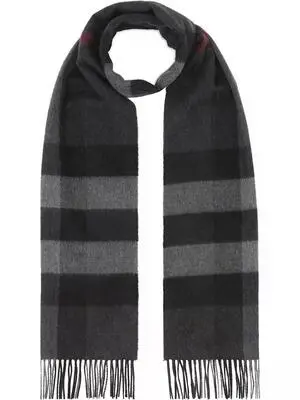 Burberry Plaid-check Fringed Cashmere Scarf - Grey