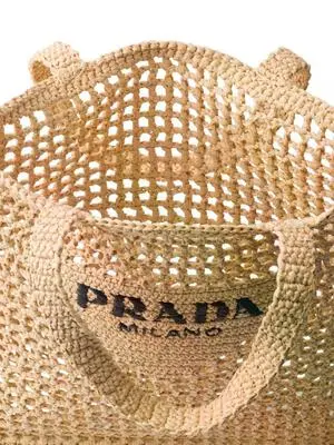 Prada Raffia Crochet Tote Bag With Embroidered Logo - Neutrals