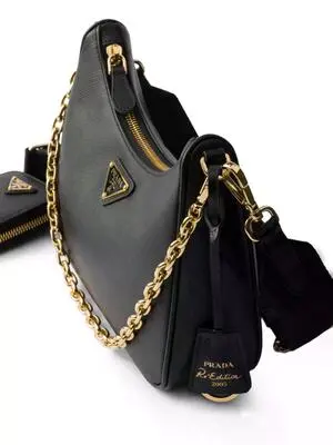 Prada Re-edition 2005 Saffiano Leather Shoulder Bag With Chain And Pouch - Black