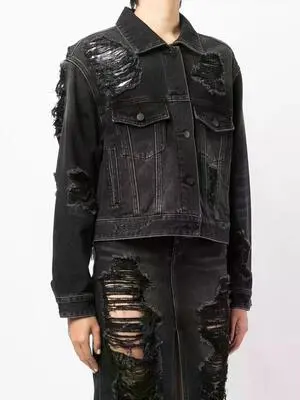 Goen.j Distressed Denim Trucker Jacket - Black