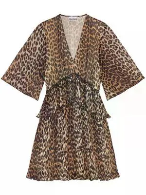 GANNI Leopard-print Georgette Minidress - Brown
