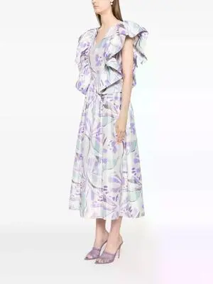 SAIID KOBEISY Ruffled Abstract Pattern Print Taffeta Midi Dress - Neutrals