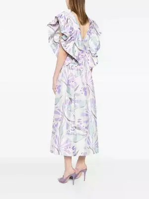 SAIID KOBEISY Ruffled Abstract Pattern Print Taffeta Midi Dress - Neutrals