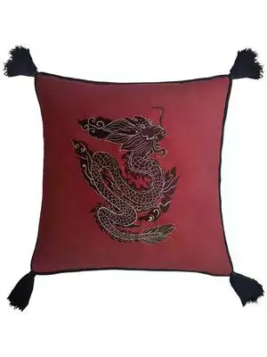 LES-OTTOMANS Dragon Embroidered Cushion - Red