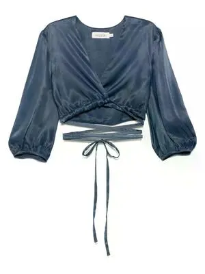 MOUTAKI Navy Satin Cropped Blouse - Blue