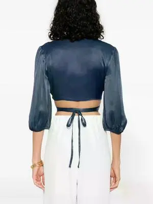 MOUTAKI Navy Satin Cropped Blouse - Blue