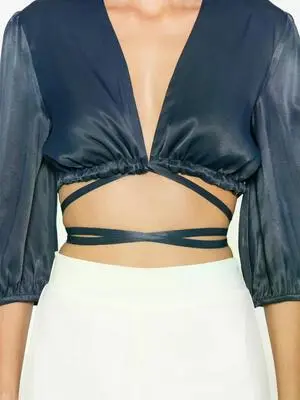 MOUTAKI Navy Satin Cropped Blouse - Blue