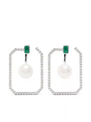 Shay 18k White Gold Diamond And Emerald Octagon Hoop Earrings - Silver