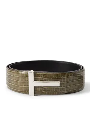 TOM FORD 4cm Reversible Croc-effect Leather Belt - Green