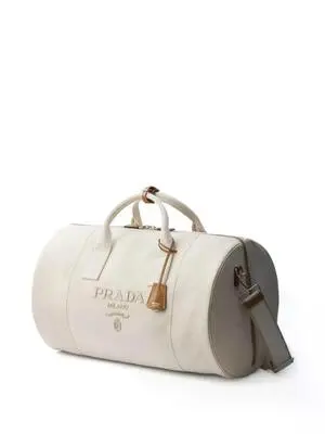 Prada Logo Embossed Duffle Bag - Neutrals