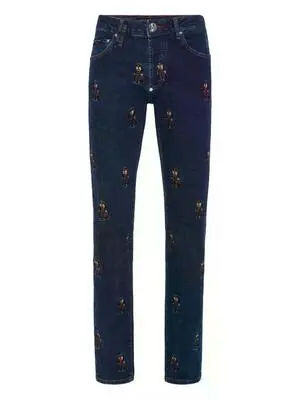 Philipp Plein Bear-embroidered Jeans - Blue
