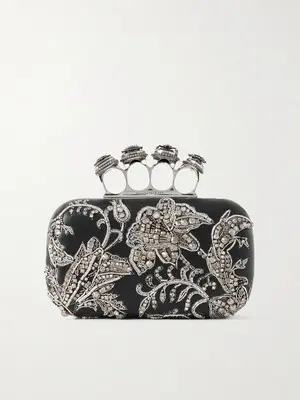 Alexander McQueen Crystal-embellished Embroidered Leather Knuckle Clutch - Silver