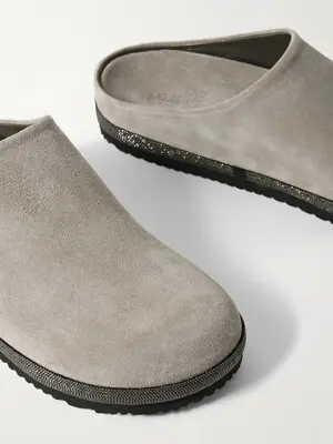 Brunello Cucinelli Bead-embellished Suede Mules - Gray