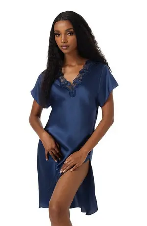 SILKSILKY Silk Lace Neckline Split Hem Nightgown - Darkblue