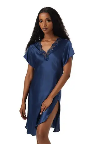SILKSILKY Silk Lace Neckline Split Hem Nightgown - Darkblue