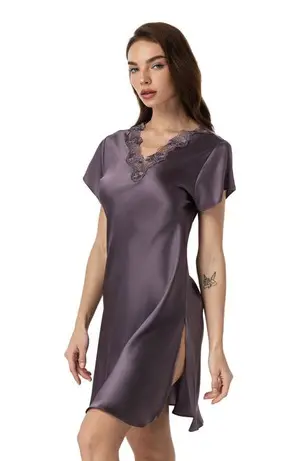 SILKSILKY Silk Lace Neckline Split Hem Nightgown Purplegray