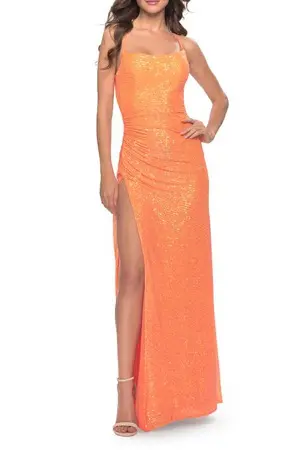 La Femme Sequin Ruched Gown With Slit - Orange