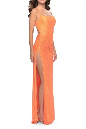 La Femme Sequin Ruched Gown With Slit - Orange