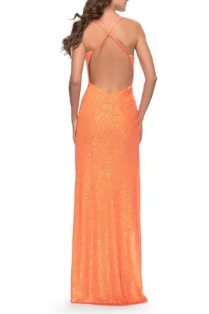 La Femme Sequin Ruched Gown With Slit - Orange