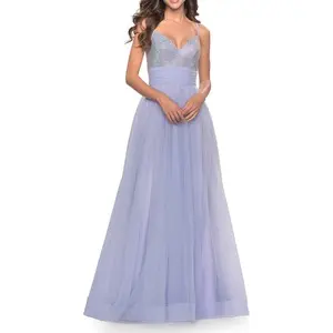 La Femme Tulle Gown With Rhinestone Bodice - Light Periwinkle