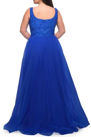 La Femme A-line Tulle Gown With Lace Bodice - Royal Blue