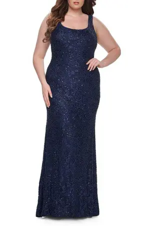 La Femme Beaded Lace Fitted Dress With Square Neckline - Navy