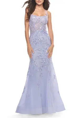 La Femme Mermaid Tulle Gown With Sequin Lace Applique - Light Periwinkle