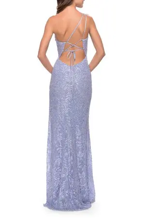 La Femme Beaded Lace One Shoulder Dress With Strappy Back
